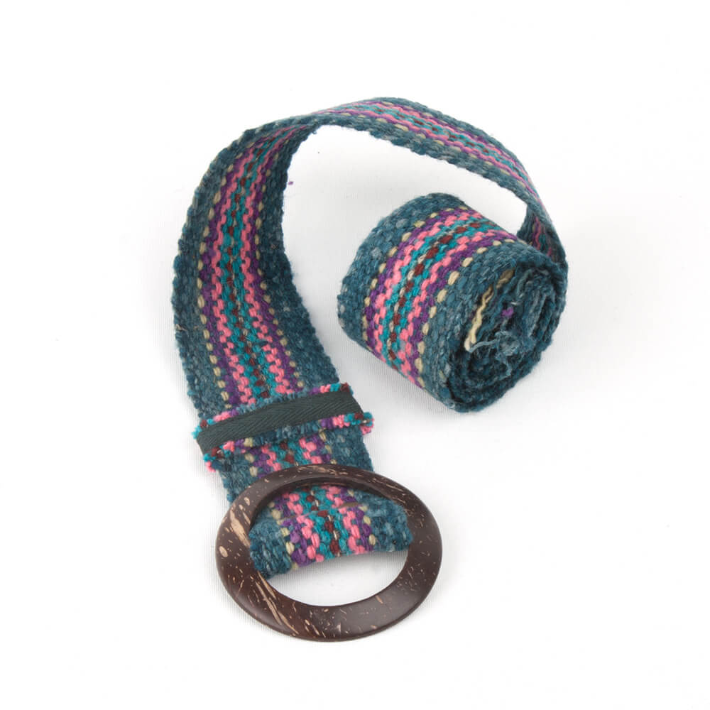 Gürtel Ethno Look mit Kokos-Schnalle aus Peru, blau pink