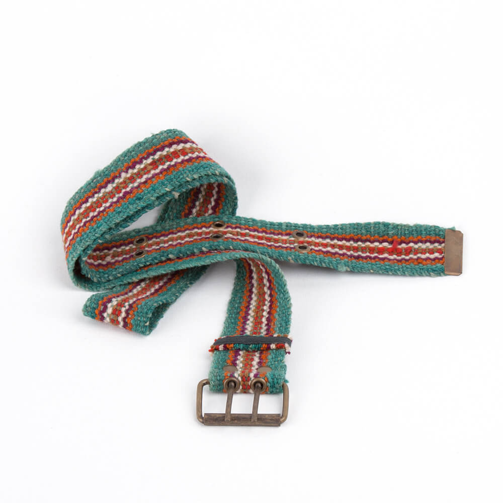 Gürtel aus Peru, Ethno, grün orange gestreift, mit Metallschnalle